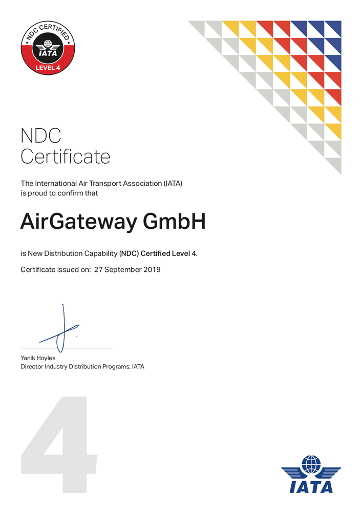AirGateway granted with the IATA NDC Certification level 4 - AirGateway
